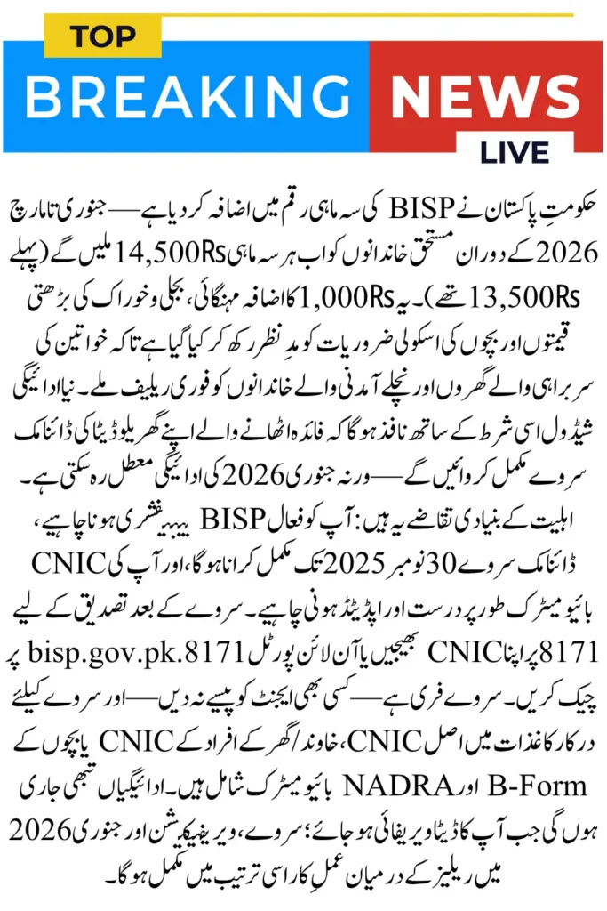 BISP Payment Increase 2026: January–March Rs. 1,000 Raise – Eligibility ...